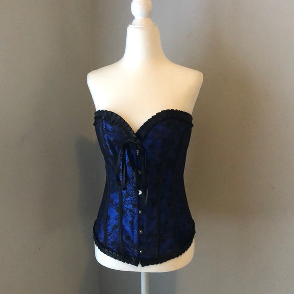 Tops | Corset Royal Blue And Black Lace Overlay | Poshmark